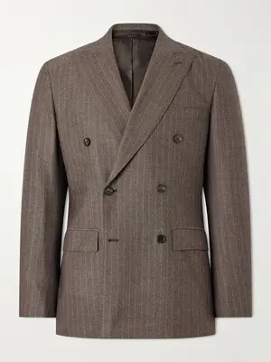Brioni Plume Herringbone Wool Double-breasted Suit Jacket - Gray
