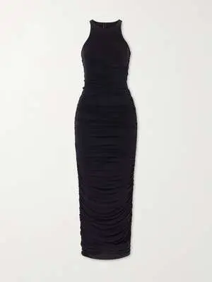 SKIMS Long Ruched Stretch Cupro-jersey Wrap Maxi Dress Obsidian - Black