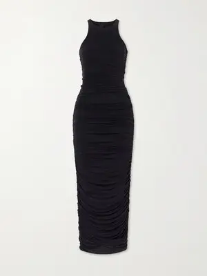 SKIMS Long Ruched Stretch Cupro-jersey Wrap Maxi Dress - Black
