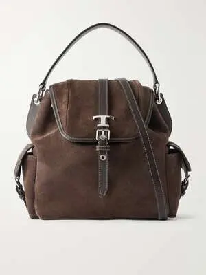 TOD'S Tim Zaino Mini Leather-trimmed Suede Shoulder Bag - Chocolate