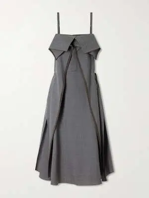 Sacai Pleated Ruffled Wool Midi Dress - Gray