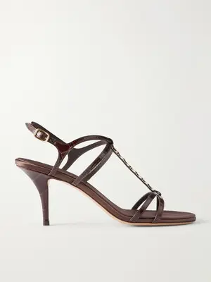 FERRAGAMO Tiane 70 Embellished Croc-effect Leather Sandals - Brown