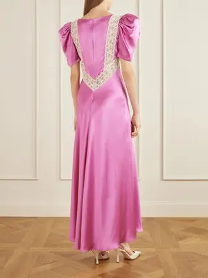 RODARTE Ruched Embroidered Lace-trimmed Silk-twill Maxi Dress