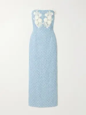 RODARTE Appliquéd Sequin-embellished Lace-trimmed Denim Midi Dress - Blue