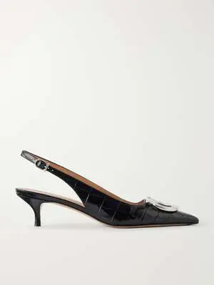 FERRAGAMO Sara 40 Embellished Croc-effect Leather Slingback Pumps