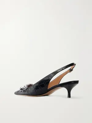 FERRAGAMO Sara 40 Embellished Croc-effect Leather Slingback Pumps