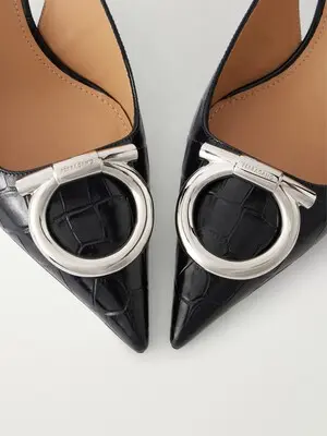 FERRAGAMO Sara 40 Embellished Croc-effect Leather Slingback Pumps