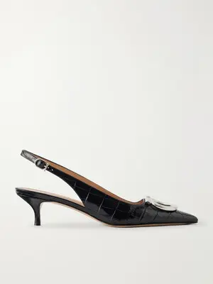 FERRAGAMO Sara 40 Embellished Croc-effect Leather Slingback Pumps - Black