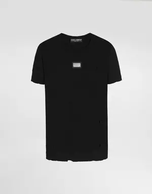 Dolce & Gabbana Jersey T-shirt With Rips And Tag - Black