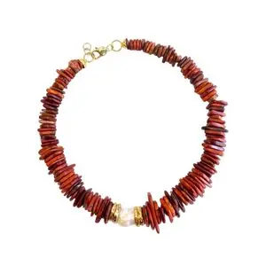 LINYA JEWELLERY Gold Baroque Pearl Brown Coral Natural Stone Necklace