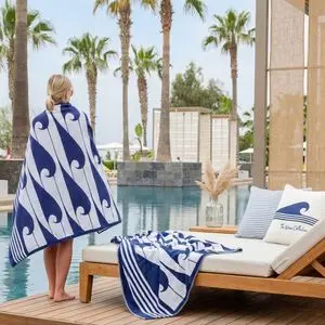 THE CORNISH SURFER Blue / White / Brown Waves Beach Towel Set - Blue/white/brown