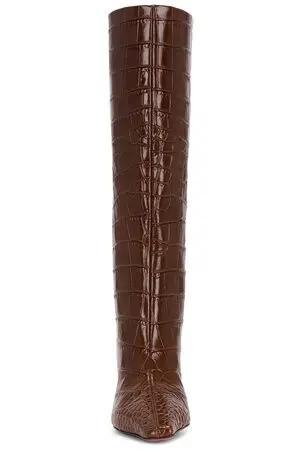 Amina Muaddi Mona 80 Croc-embossed Leather Boots - Brown Printed Croc