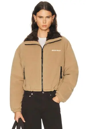 Miu Miu Cropped Fleece Jacket With Down Padding - Cammello