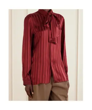 Saint Laurent Cassandre Lavallière Striped Blouse - Bordeaux