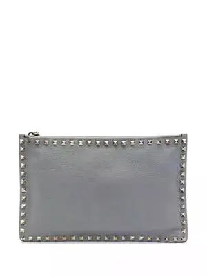 Valentino Garavani 2000-2017 Grained Calfskin Rockstud Zip Clutch Bag - Grey