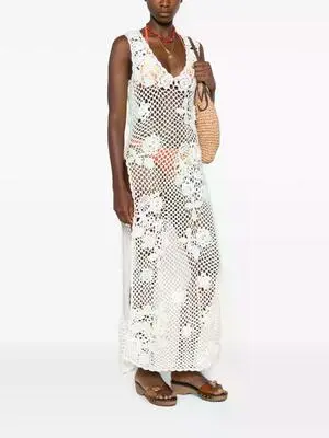 GANNI Crochet Knit Maxi Dress With Floral Appliqu - White