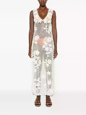 GANNI Crochet Knit Maxi Dress With Floral Appliqu - White