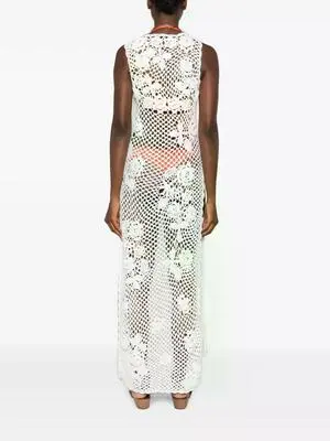 GANNI Crochet Knit Maxi Dress With Floral Appliqu - White