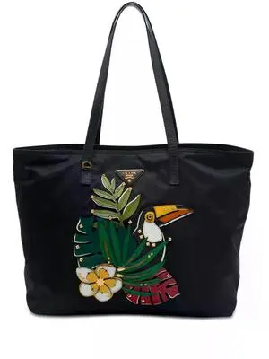 Prada 2021-2026 Saffiano Trimmed Tessuto Parrot Applique Tote Bag - Black