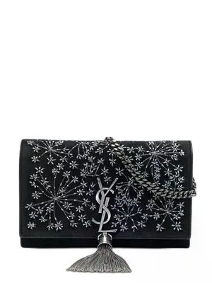 Saint Laurent Beaded Suede Monogram Kate Tassel Wallet On Chain - Black