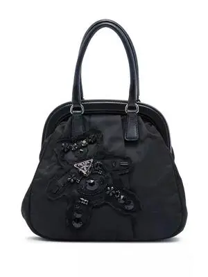 Prada 2000-2013 Beaded Tessuto Evening Bear Frame Handbag Shoulder Bag - Black