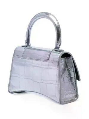 Balenciaga Mini Metallic Croc Embossed Calfskin Hourglass Top Handle Bag - Silver