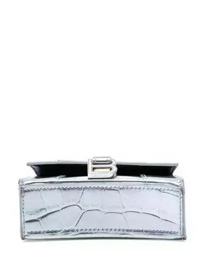 Balenciaga Mini Metallic Croc Embossed Calfskin Hourglass Top Handle Bag - Silver
