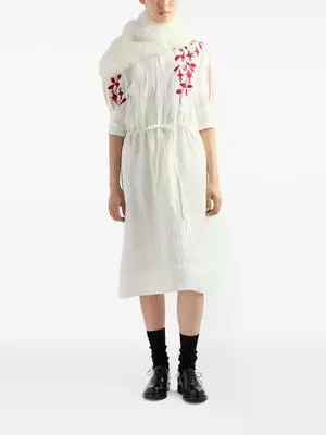 Prada Embroidered Linen Midi Dress With Crystal Embellishments - Neutrals