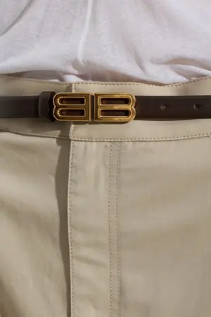 Balenciaga Skinny Leather Belt With Gold Tone Double B Buckle