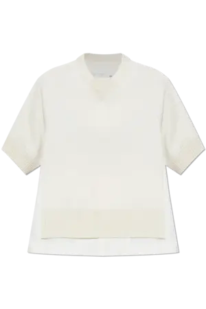 Sacai Short Sleeve Knit Top With Contrasting Panel - Cream