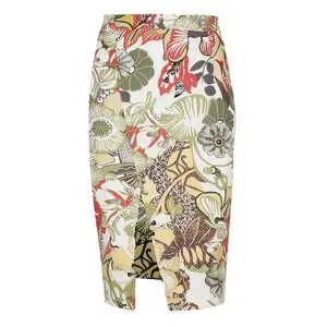 CONQUISTA Floral Cotton Pencil Skirt In Earthy Shades - Beige