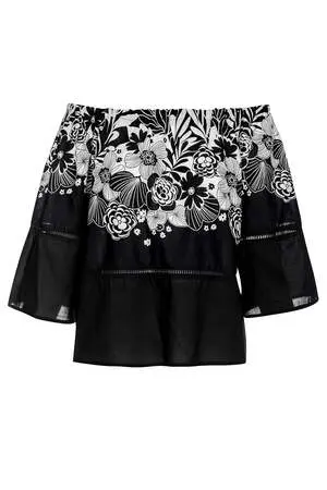 CONQUISTA Floral Top With Bell Sleeves - Black