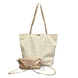 Carlos Falchi Neutrals Microfiber Python Tote Beige W/ Rose Gold Pouch