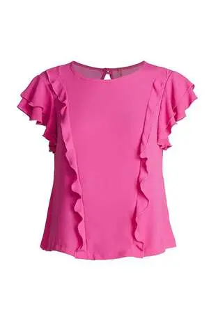 CONQUISTA Frill Detail Short Sleeve Top - Pink