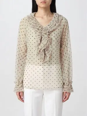 PAROSH Ruffled V-neck Blouse P. A.r. O.s. H. In Embroidered Polka Dot Crêpe - Beige
