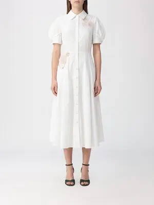 Erdem Cotton Midi Chemisier Dress With Puff Sleeves And Macramé Inserts - White