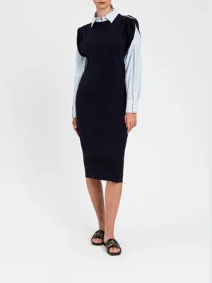 TWINSET Sleeveless Midi Dress With Striped Shirt Underlay