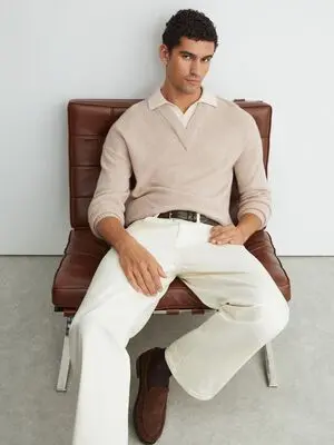 REISS Corey Wool V-neck Jumper With Contrast Collar - Oatmeal