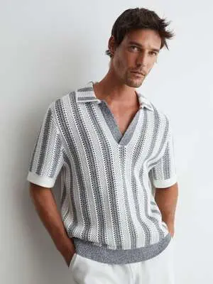 REISS Globe Cotton-blend Crochet Stripe Polo Shirt - Soft Blue/white