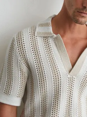 REISS Globe Cotton-blend Crochet Stripe Polo Shirt - Stone/white