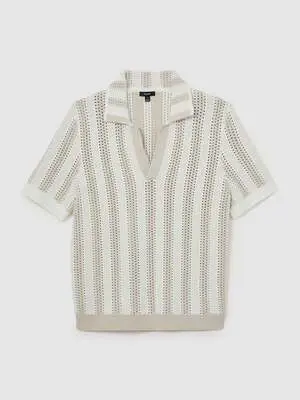 REISS Globe Cotton-blend Crochet Stripe Polo Shirt - Stone/white