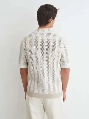 REISS Globe Cotton-blend Crochet Stripe Polo Shirt - Stone/white
