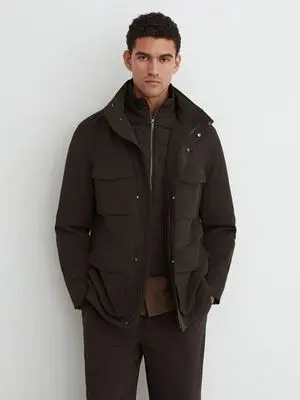 REISS Glick Four-pocket Hooded Jacket With Removable Gilet - Dark Brown