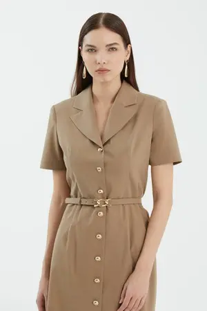 GIZIA Short Sleeve Belted Midi Dress