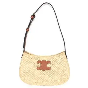 Celine Natural Raffia Calfskin Triomphe Tilly Shoulder Bag - Beige
