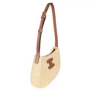 Celine Natural Raffia Calfskin Triomphe Tilly Shoulder Bag - Beige