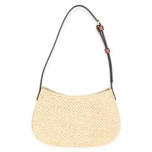 Celine Natural Raffia Calfskin Triomphe Tilly Shoulder Bag - Beige