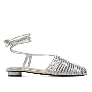ALTA Leather Strappy Tie Fastening Flat Sandals - Silver