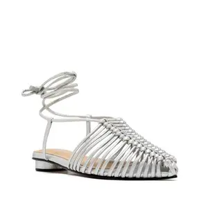 ALTA Leather Strappy Tie Fastening Flat Sandals - Silver
