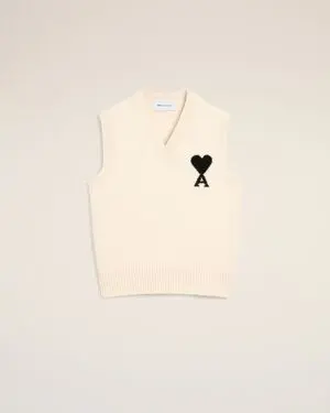 AMI Paris Sleeveless V-neck Wool Sweater With De Coeur Logo